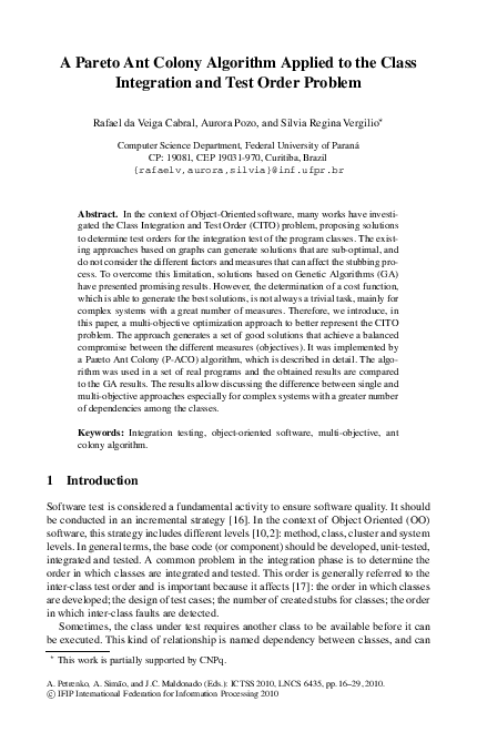 Pdf A Pareto Ant Colony Algorithm Applied To The Class Integration And Test Order Problem