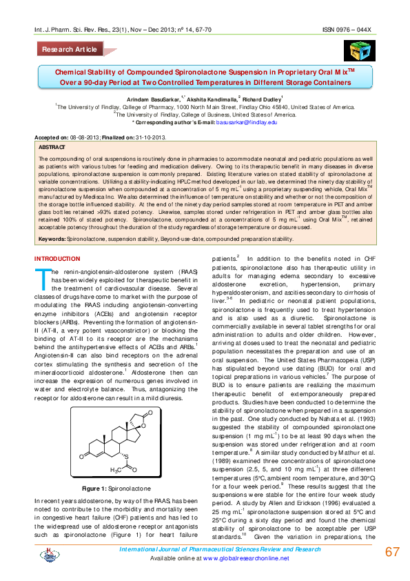 (PDF) Chemical Stability of Compounded Spironolactone Suspension in ...