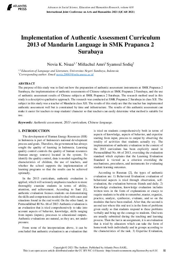 (PDF) Implementation of Authentic Assessment Curriculum 2013 of Mandarin Language in SMK ...