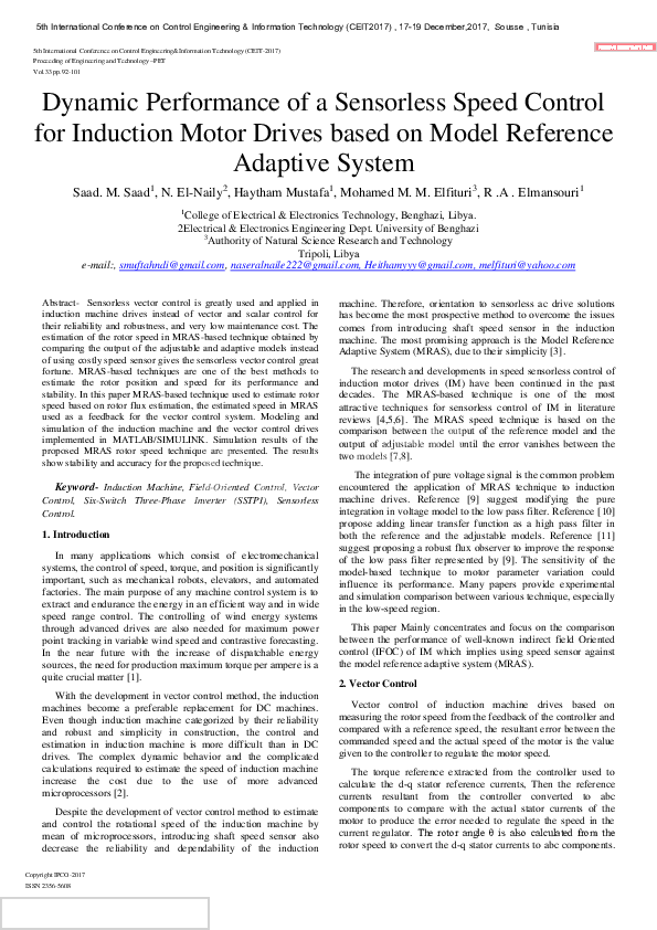 Pdf Dynamic Performance Of A Sensorless Speed Control For Induction