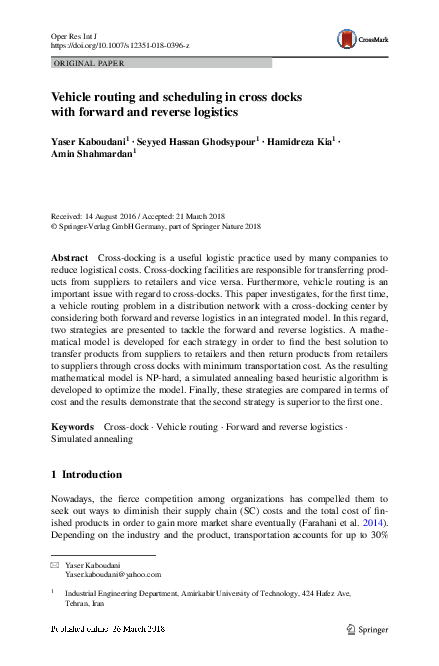 (PDF) Vehicle routing and scheduling in cross docks with forward and reverse logistics | yaser ...