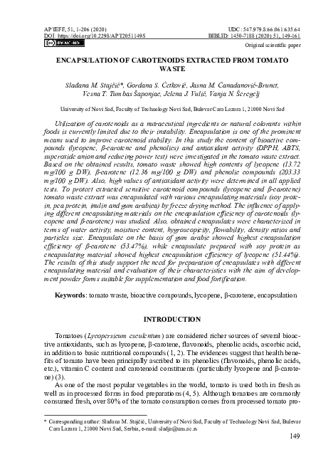 (PDF) Encapsulation of carotenoids extracted from tomato waste