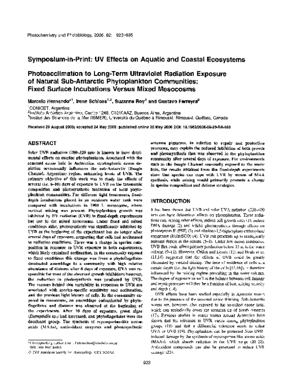 (PDF) Photoacclimation to Long-Term Ultraviolet Radiation Exposure of ...