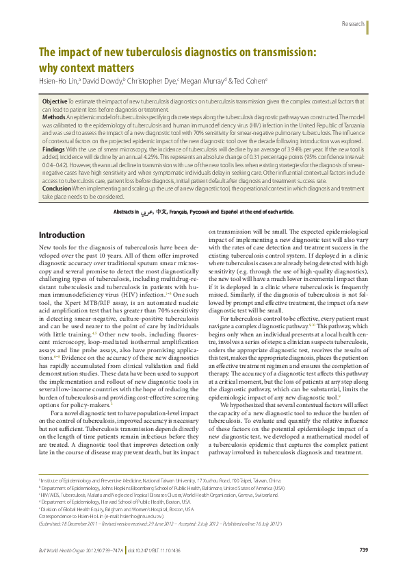 (PDF) The impact of new tuberculosis diagnostics on transmission: why context matters