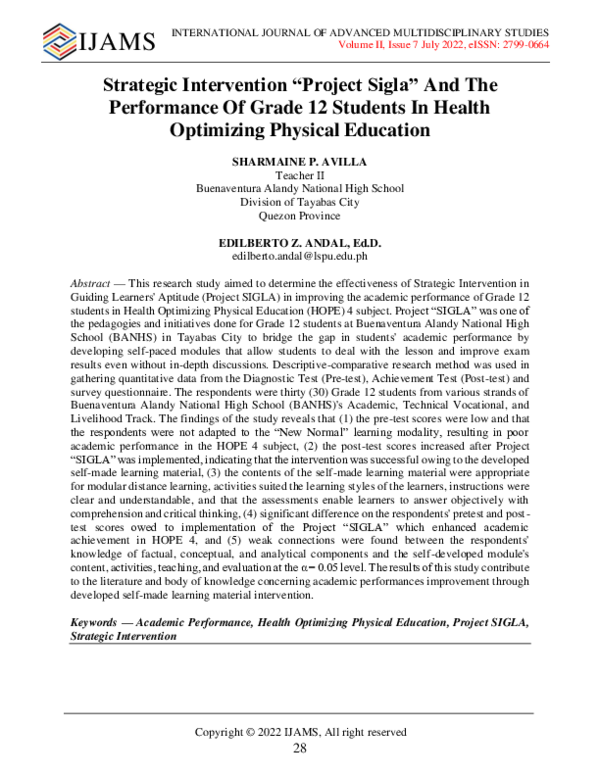 (PDF) Strategic Intervention "Project Sigla" And The Performance Of Grade 12 Students In Health ...