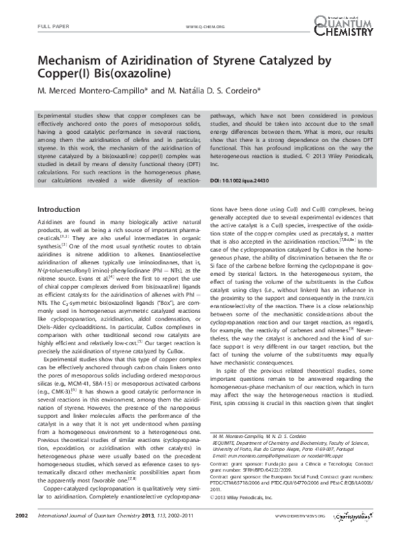 (PDF) Mechanism of aziridination of styrene catalyzed by copper(I) bis ...