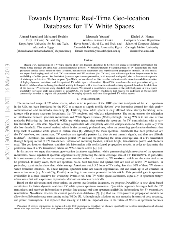 (PDF) Toward dynamic real-time geo-location databases for TV white spaces
