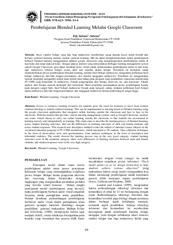 (PDF) Pembelajaran Blended Learning Melalui Google Classroom