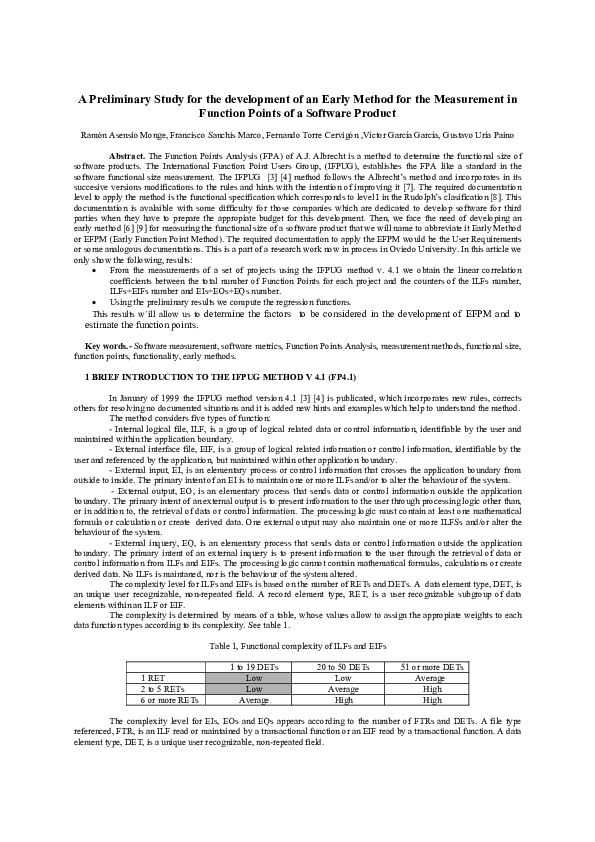 (PDF) Early Function Point Measurement Method
