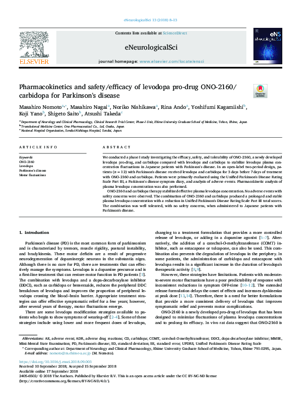 (PDF) Pharmacokinetics and safety/efficacy of levodopa pro-drug ONO ...