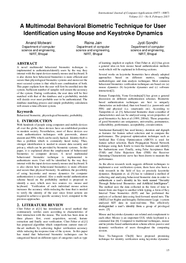 Pdf A Multimodal Behavioral Biometric Technique For User Identification Using Mouse And