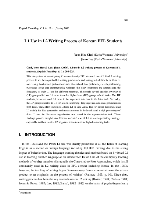(PDF) L1 use in L2 writing process of Korean EFL students