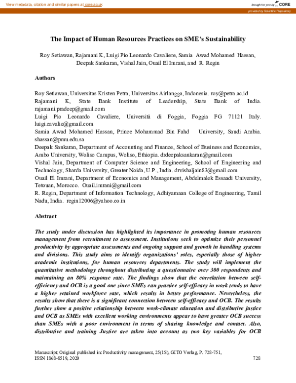 (PDF) The Impact of Human Resources Practices on SME’s Sustainability