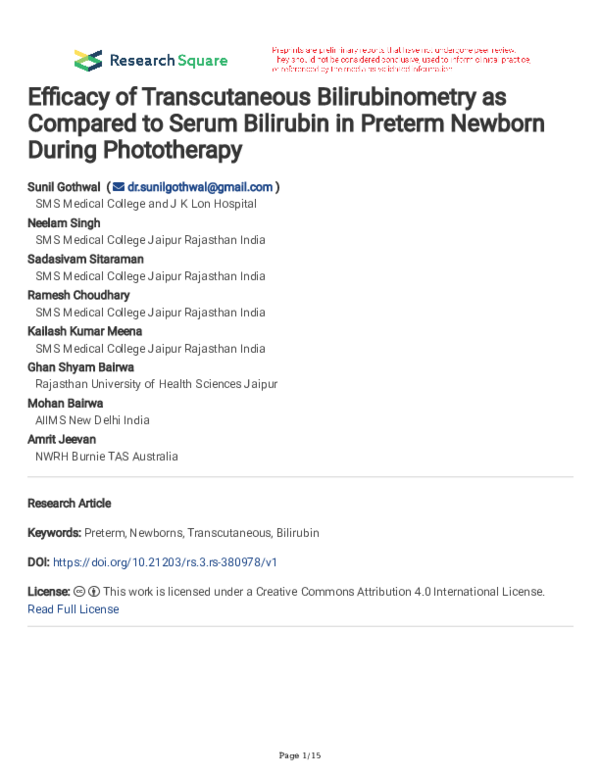 (PDF) Efficacy of Transcutaneous Bilirubinometry as Compared to Serum ...