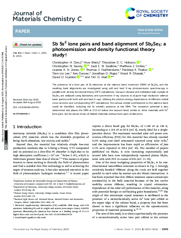 (PDF) Sb 5s2 lone pairs and band alignment of Sb2Se3: a photoemission and density functional ...