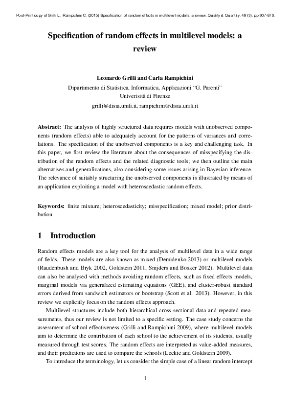 Pdf Specification Of Random Effects In Multilevel Models A Review