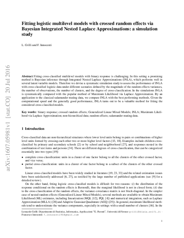 Pdf Fitting Logistic Multilevel Models With Crossed Random Effects Via Bayesian Integrated