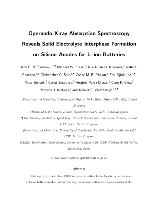 (PDF) Operando X-ray Absorption Spectroscopy Reveals Solid Electrolyte Interphase Formation on ...