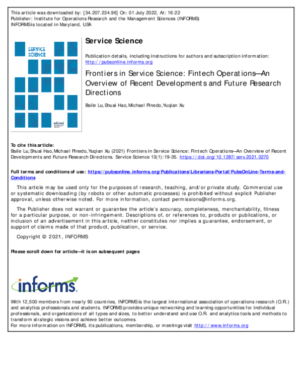 (PDF) Frontiers in Service Science: Fintech Operations—An Overview of ...