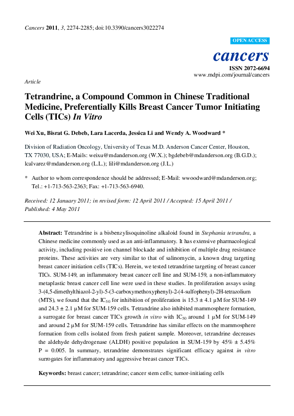 (PDF) Tetrandrine, a Compound Common in Chinese Traditional Medicine ...