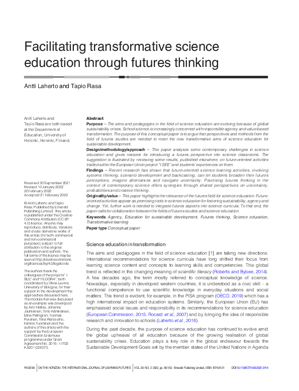 (PDF) Facilitating transformative science education through futures ...