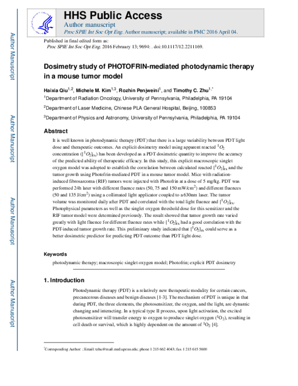 (PDF) Dosimetry study of PHOTOFRIN-mediated photodynamic therapy in a ...
