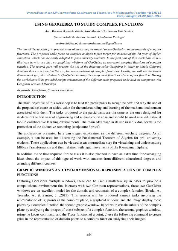 (PDF) Using GeoGebra to study complex functions