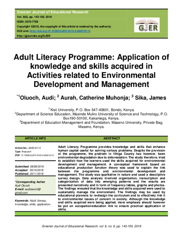 (PDF) Adult Literacy Programme: Application of knowledge and skills acquired in Activities ...