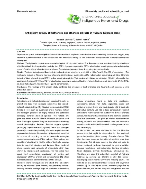 (PDF) Antioxidant activity of methanolic and ethanolic extracts of Pueraria tuberosa plant