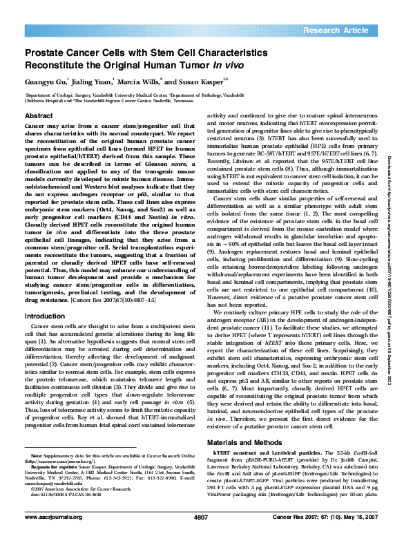 (PDF) Prostate Cancer Cells with Stem Cell Characteristics Reconstitute ...