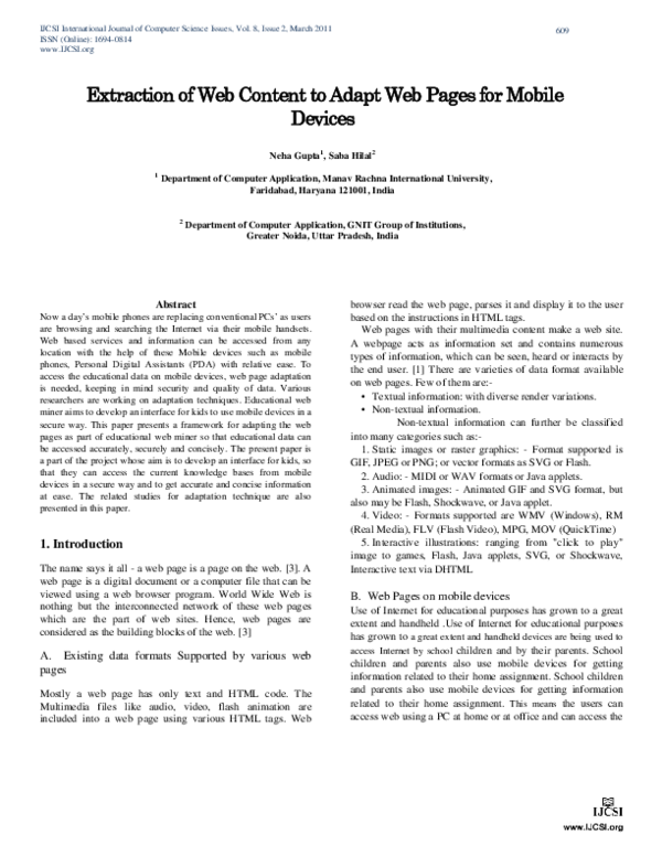 (PDF) Extraction of Web Content to Adapt Web Pages for Mobile Devices