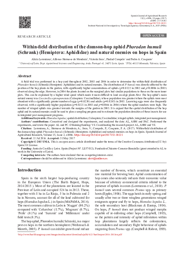 (PDF) Within-field distribution of the damson-hop aphid Phorodon humuli ...