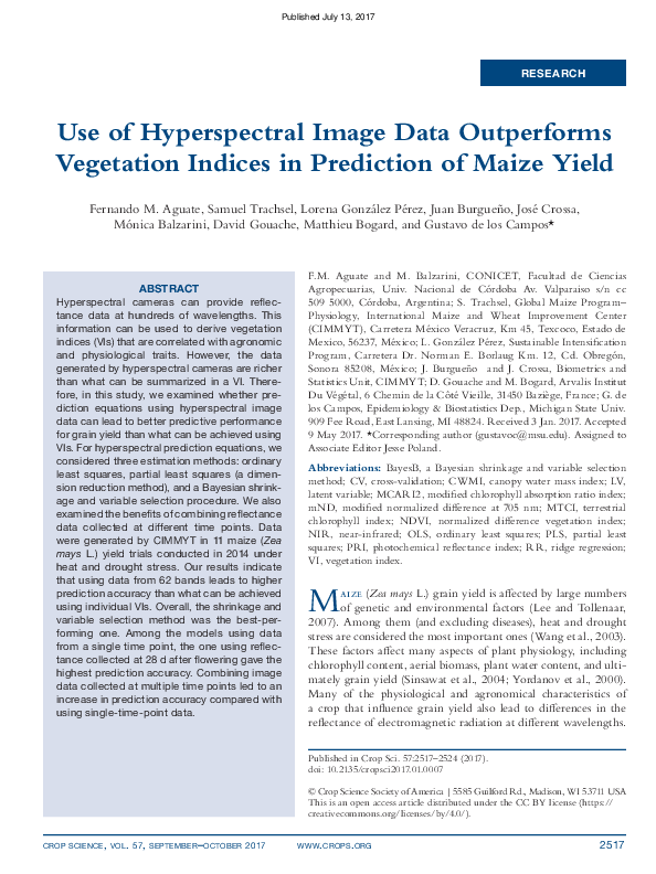 Pdf Use Of Hyperspectral Image Data Outperforms Vegetation Indices In Prediction Of Maize