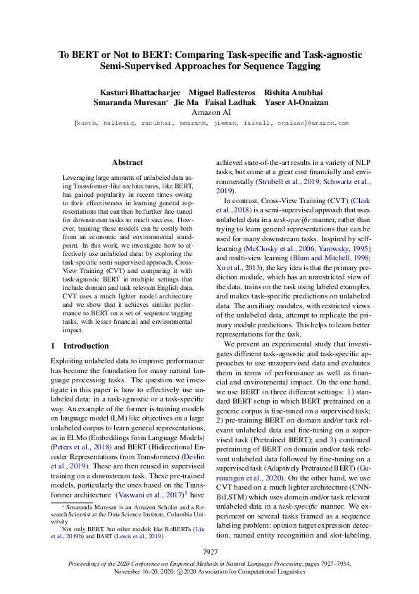 (PDF) To BERT or Not to BERT: Comparing Task-specific and Task-agnostic Semi-Supervised ...