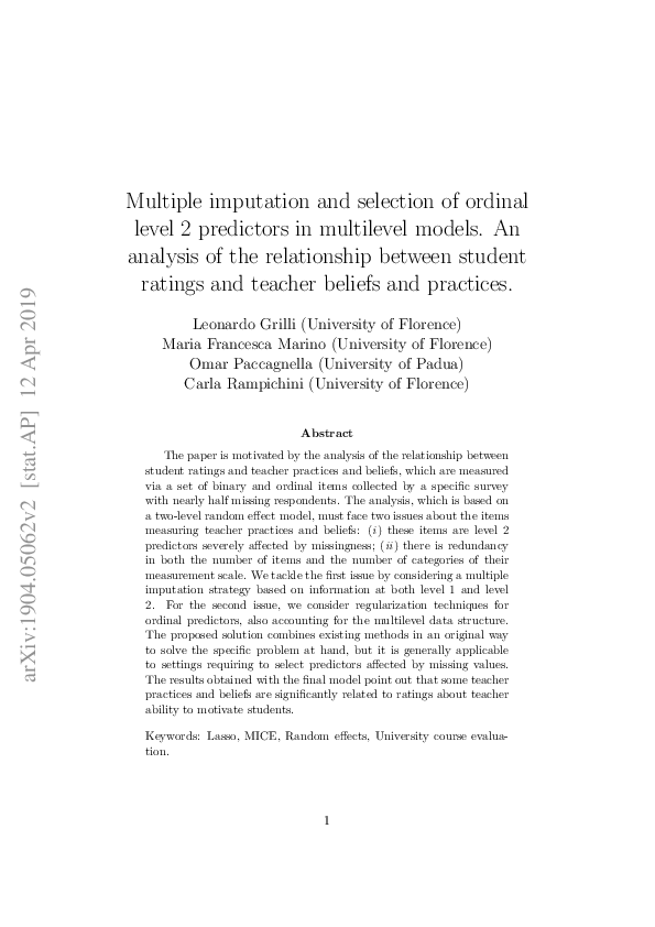 (PDF) Multiple imputation and selection of ordinal level 2 predictors in multilevel models: An ...