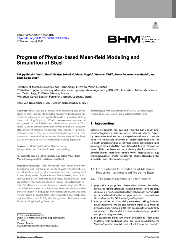 (PDF) Progress of Physics-based Mean-field Modeling and Simulation of Steel