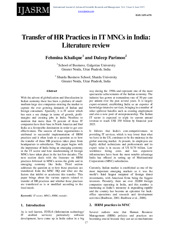 (PDF) Transfer of HR Practices in IT MNCs in India: Literature review