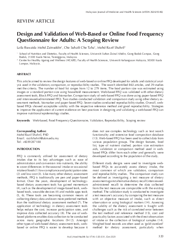 (PDF) Design and Validation of Web-Based or Online Food Frequency Questionnaire for Adults: A ...