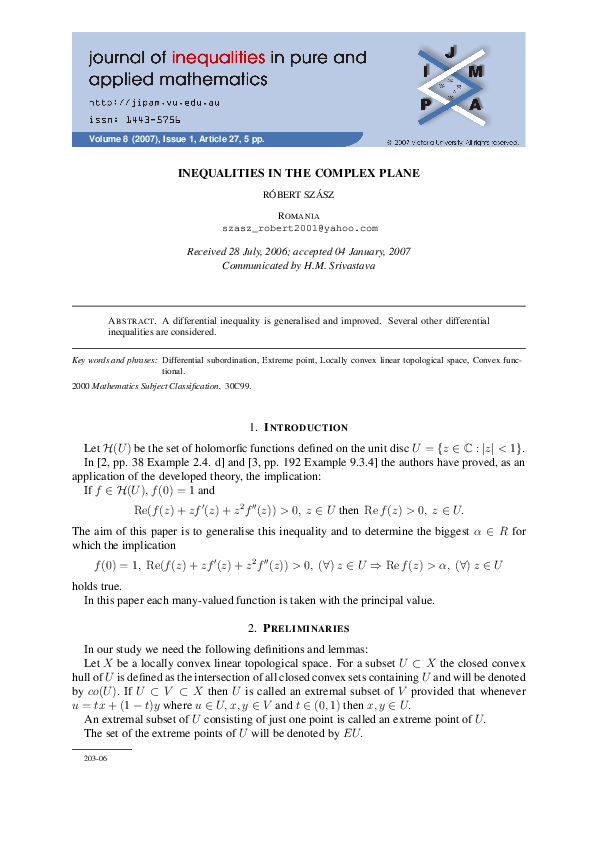 (PDF) Inequalities in the Complex Plane | Robert Szasz - Academia.edu