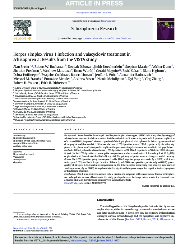 Herpes Simplex Virus 1 Infection And Valacyclovir Treatment In Schizophrenia Results From The
