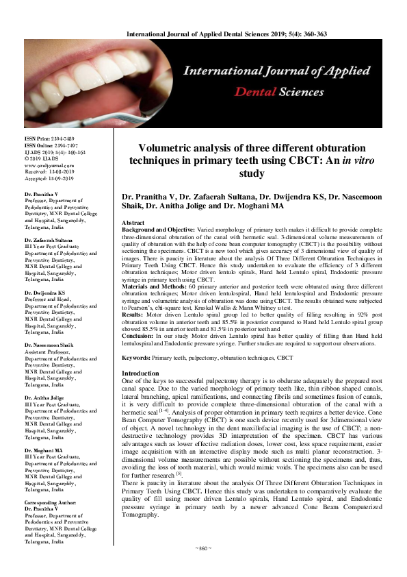 Pdf Volumetric Analysis Of Three Different Obturation Techniques In Primary Teeth Using Cbct