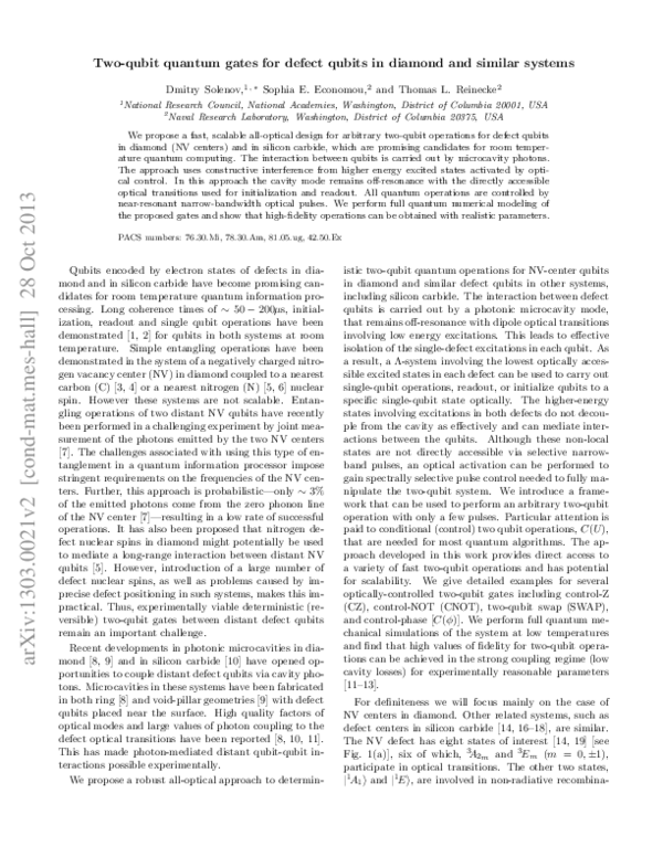 (PDF) Two-qubit quantum gates for defect qubits in diamond and similar ...
