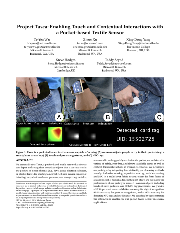 (PDF) Project Tasca: Enabling Touch and Contextual Interactions with a Pocket-based Textile Sensor