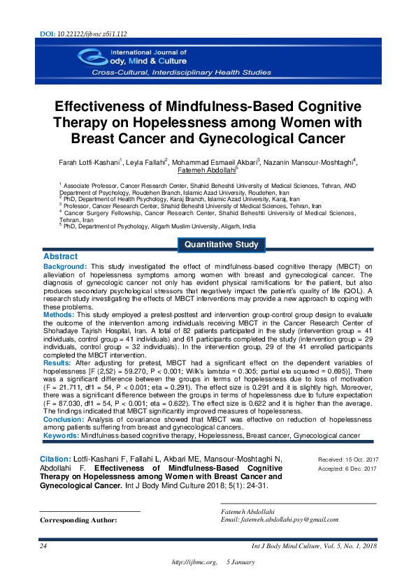(PDF) Effectiveness of Mindfulness-Based Cognitive Therapy on Hopelessness among Women with ...