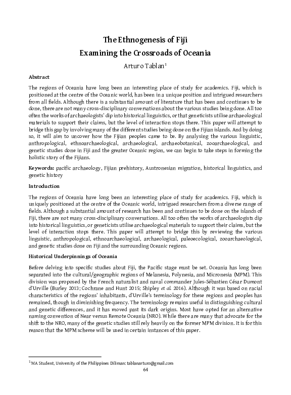 (PDF) The Ethnogenesis of Fiji Examining the Crossroads of Oceania