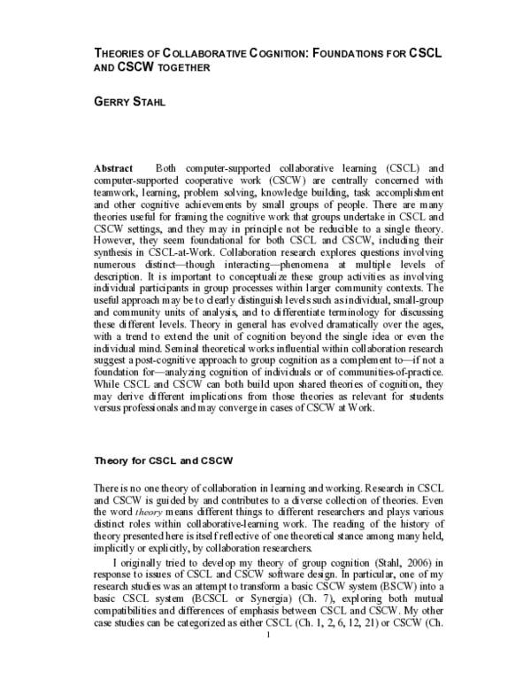 (PDF) Theories of Collaborative Cognition: Foundations for CSCL and CSCW Together