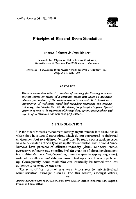 (PDF) Principles of binaural room simulation