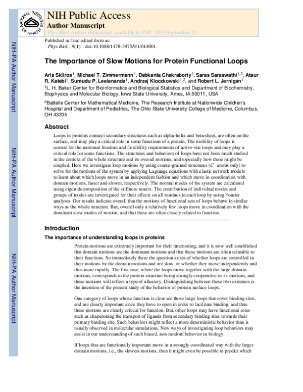 (PDF) The importance of slow motions for protein functional loops | Robert Jernigan - Academia.edu