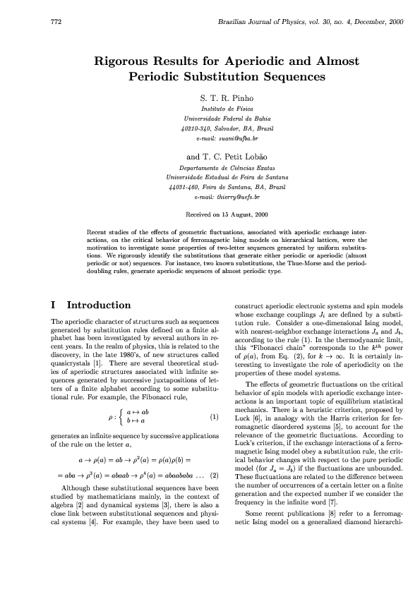 (PDF) Rigorous results for aperiodic and almost periodic substitution sequences