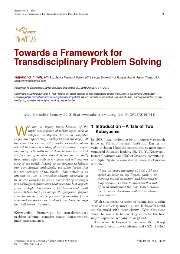 Pdf Towards A Framework For Transdisciplinary Problem Solving